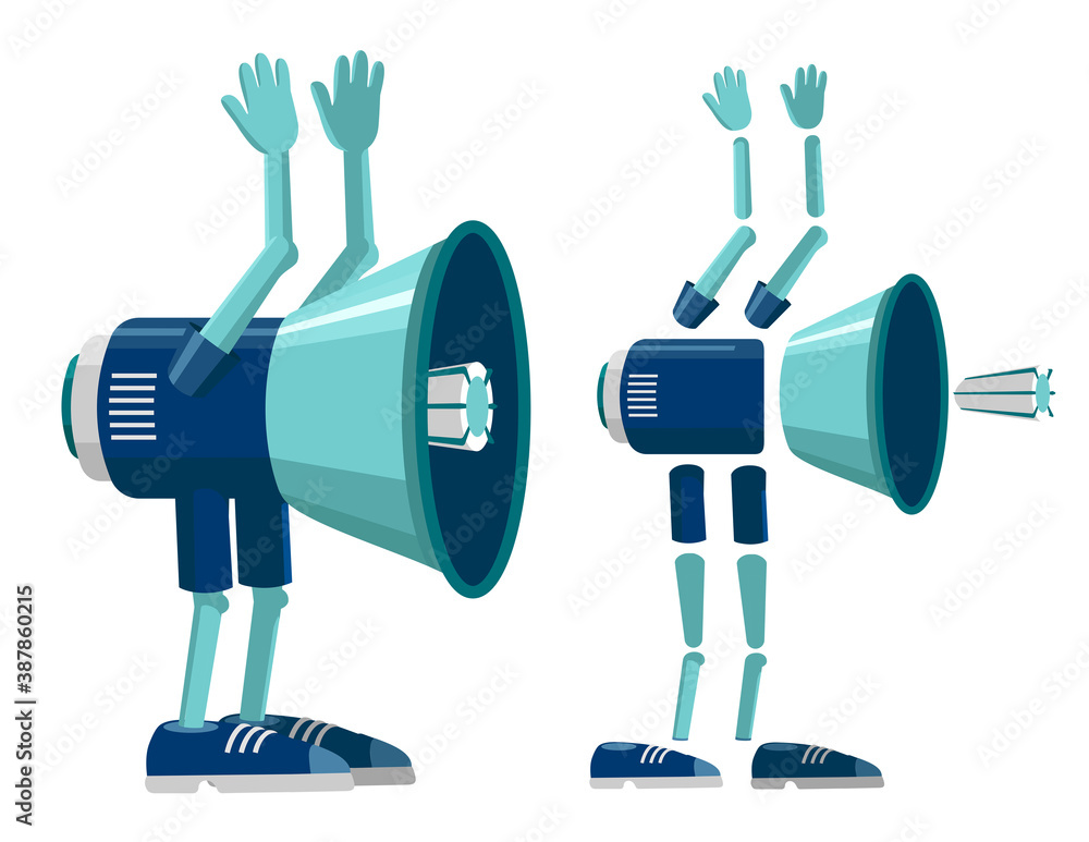Cartoon funny megaphone with arms and legs. Vector illustration ready ...
