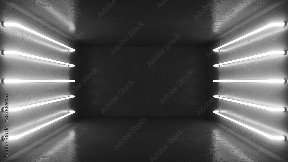 Abstract black room interior with white glowing neon lamps, fluorescent ...
