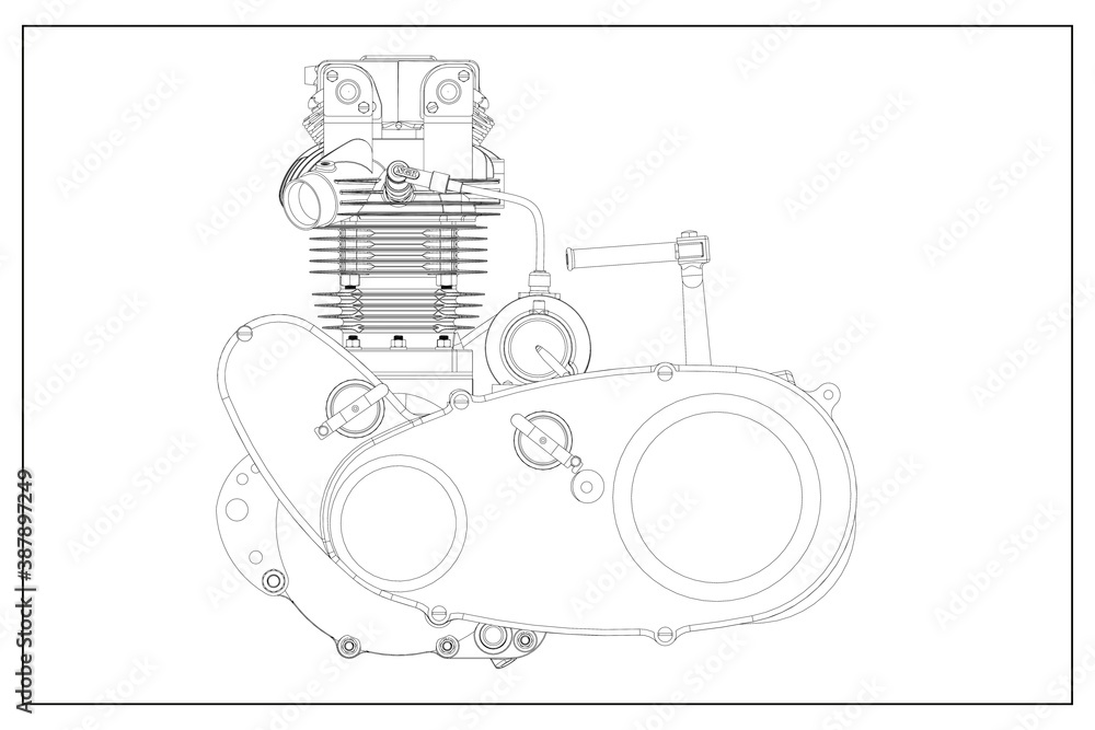 3D design of a motorcycle engine with exploded view. Stock Illustration ...