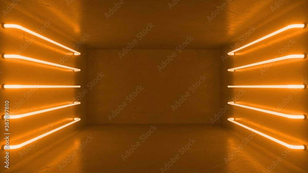 Abstract orange room interior with orange glowing neon lamps ...