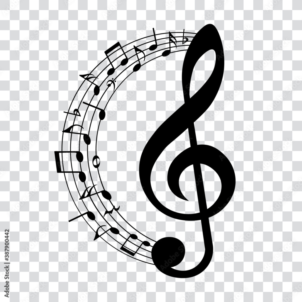 Music notes and treble clef, rounded musical design element, vector ...
