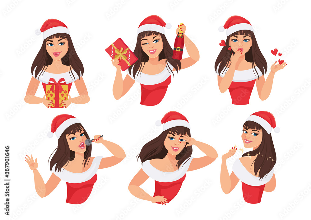 Set of santa characters of brunettes girls having fun at a party ...