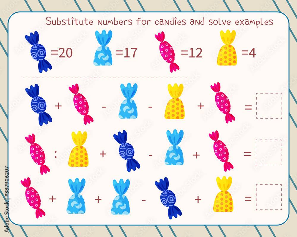 Math game for kids replace candies with numbers, solve an example and ...