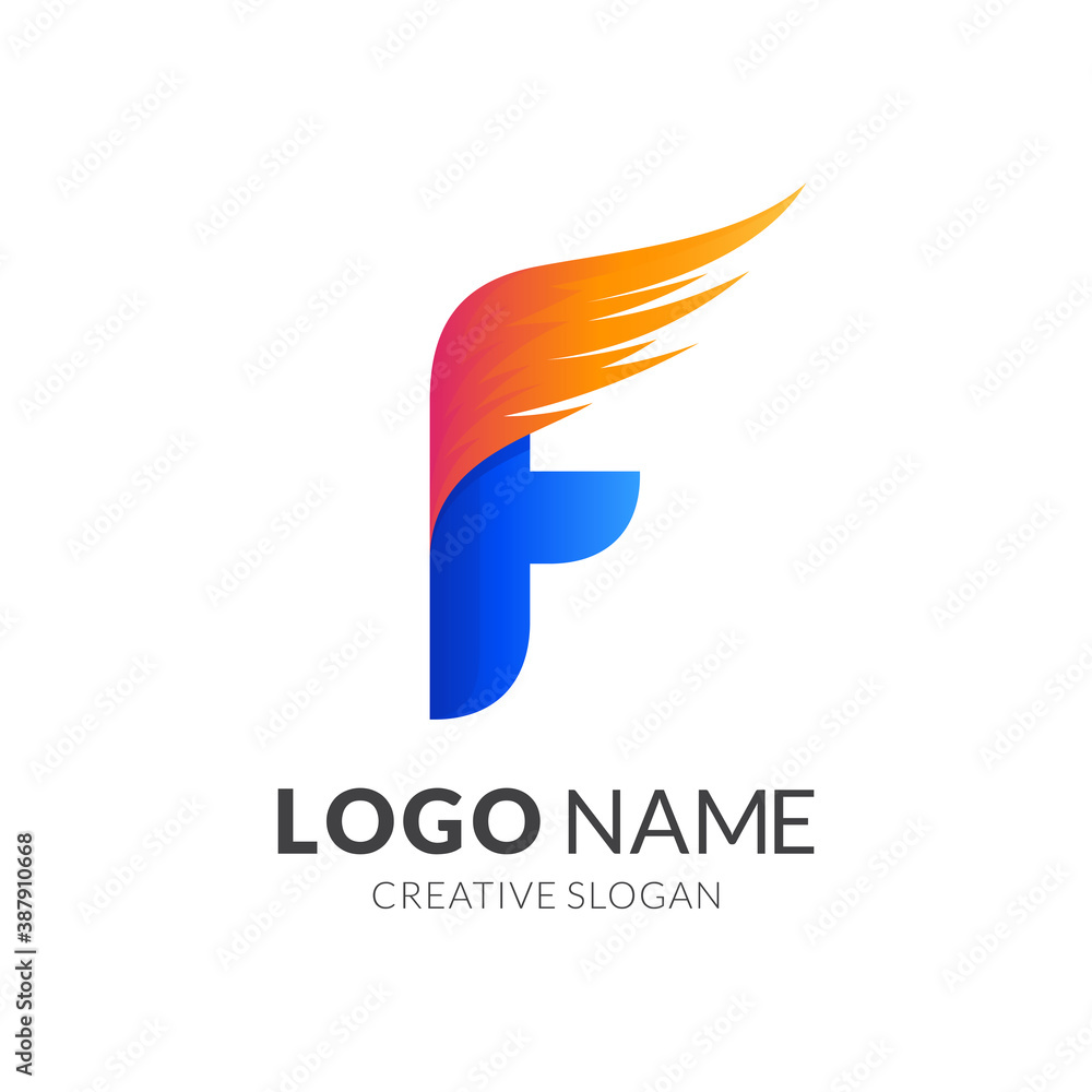 letter F wing logo, letter F and wing, combination logo with 3d blue ...