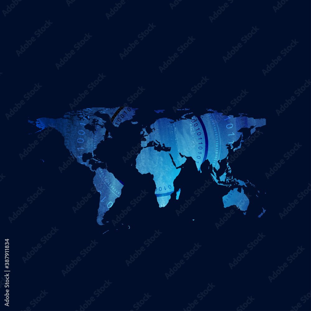 Dark blue grunge world map with round binary code elements abstract ...