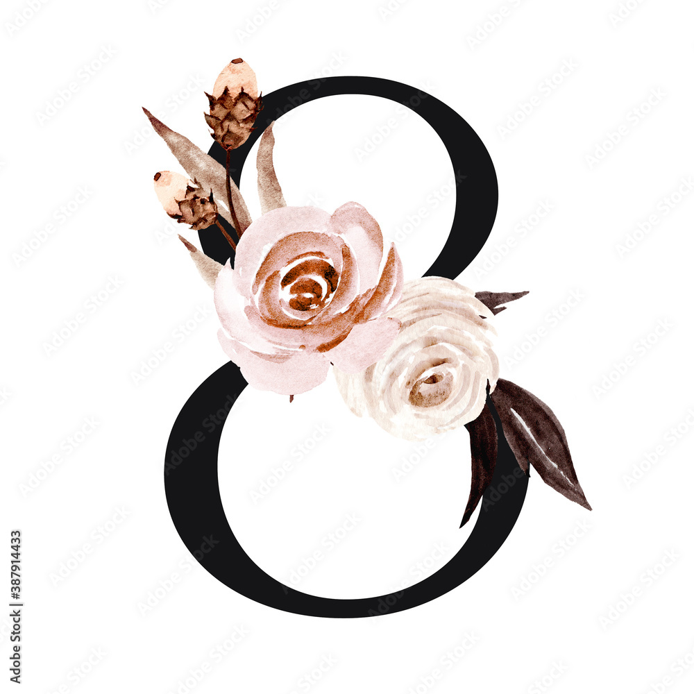 Number 8 with watercolor flowers roses hand painting. Digital ...