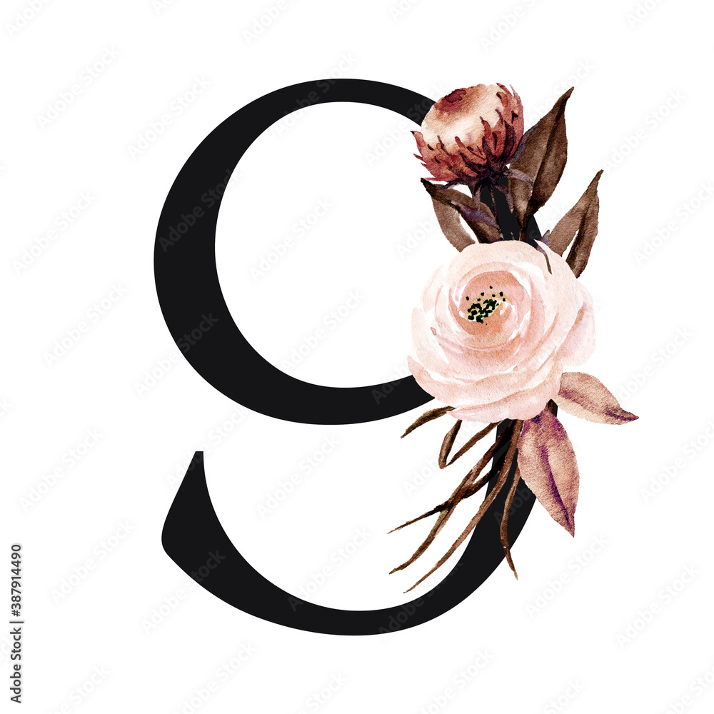 Number 9 with watercolor flowers roses hand painting. Digital ...