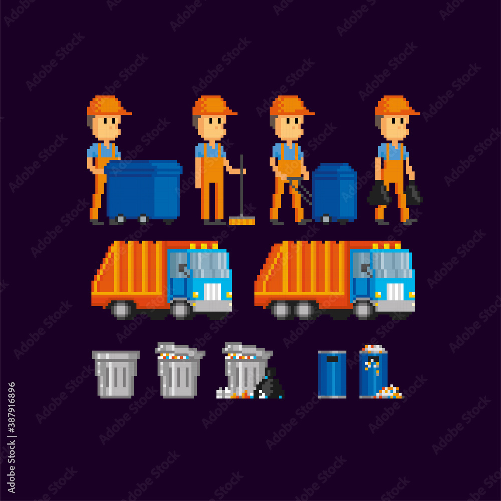 Garbage collection. Pixel art icon set. Element design for logo ...