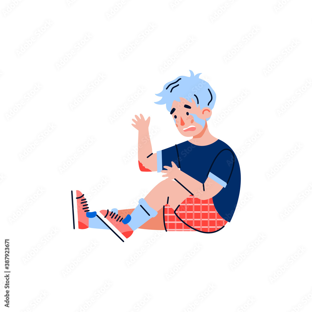 Little boy fell and got injury, flat cartoon vector illustration ...