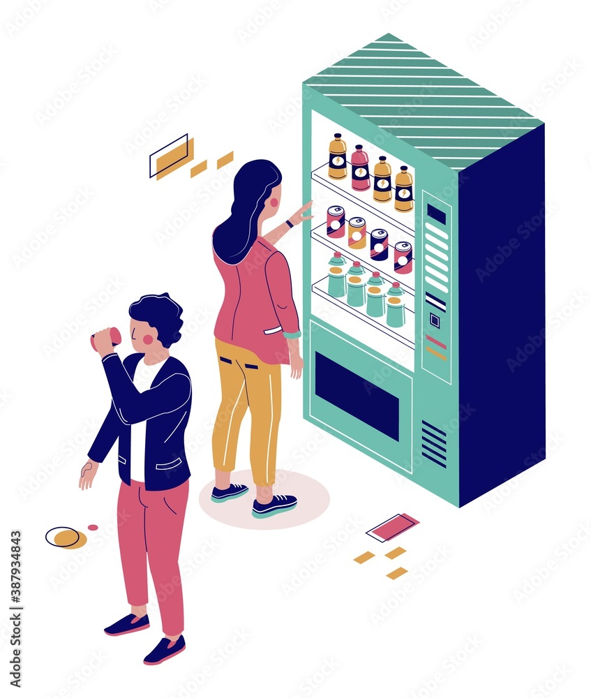 People male and female cartoon characters buying soda, cola, water from ...