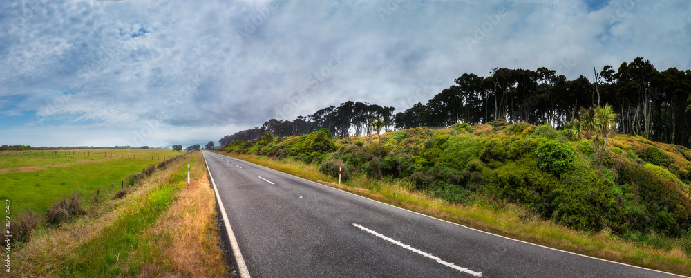 Haast Highway panoramic perspective close to Bruce Bay with some rain ...