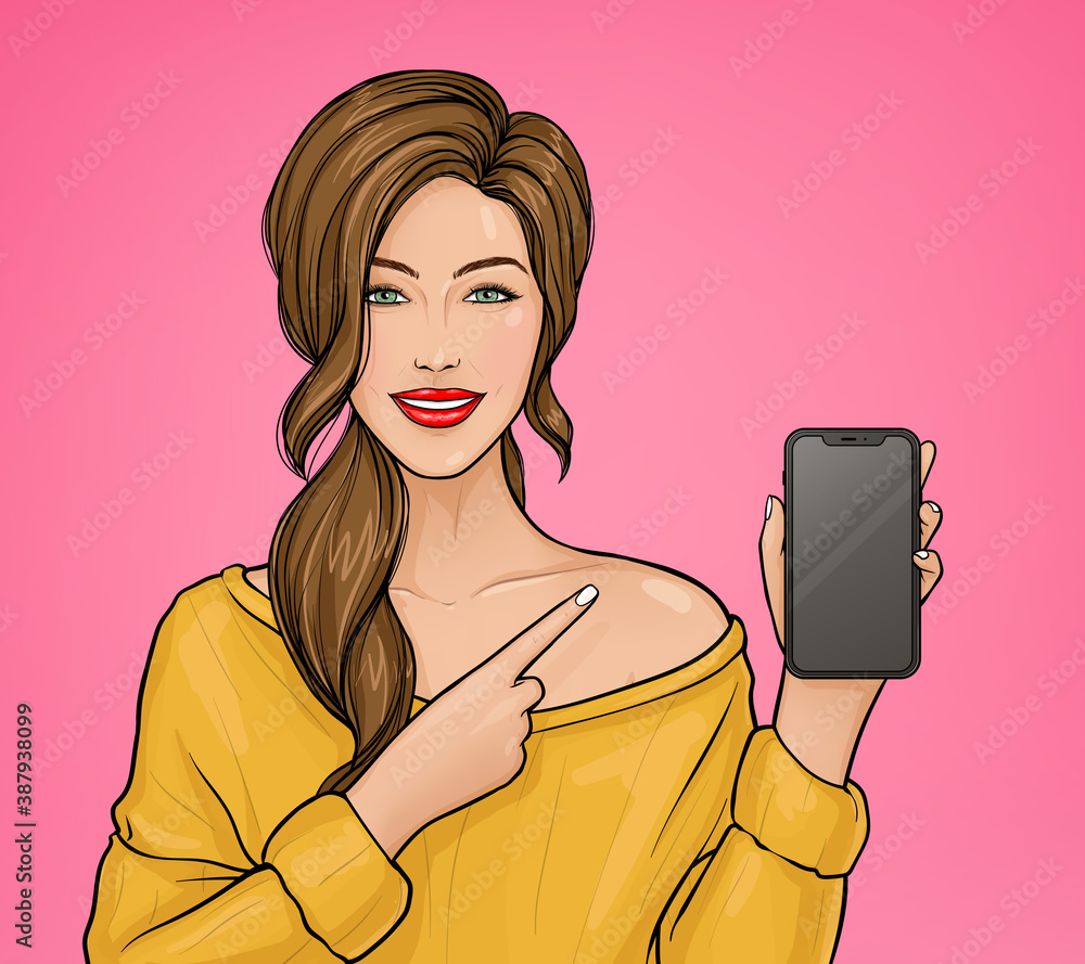 Smiling Woman Holds Smartphone In His Hand And Points To The Mobile