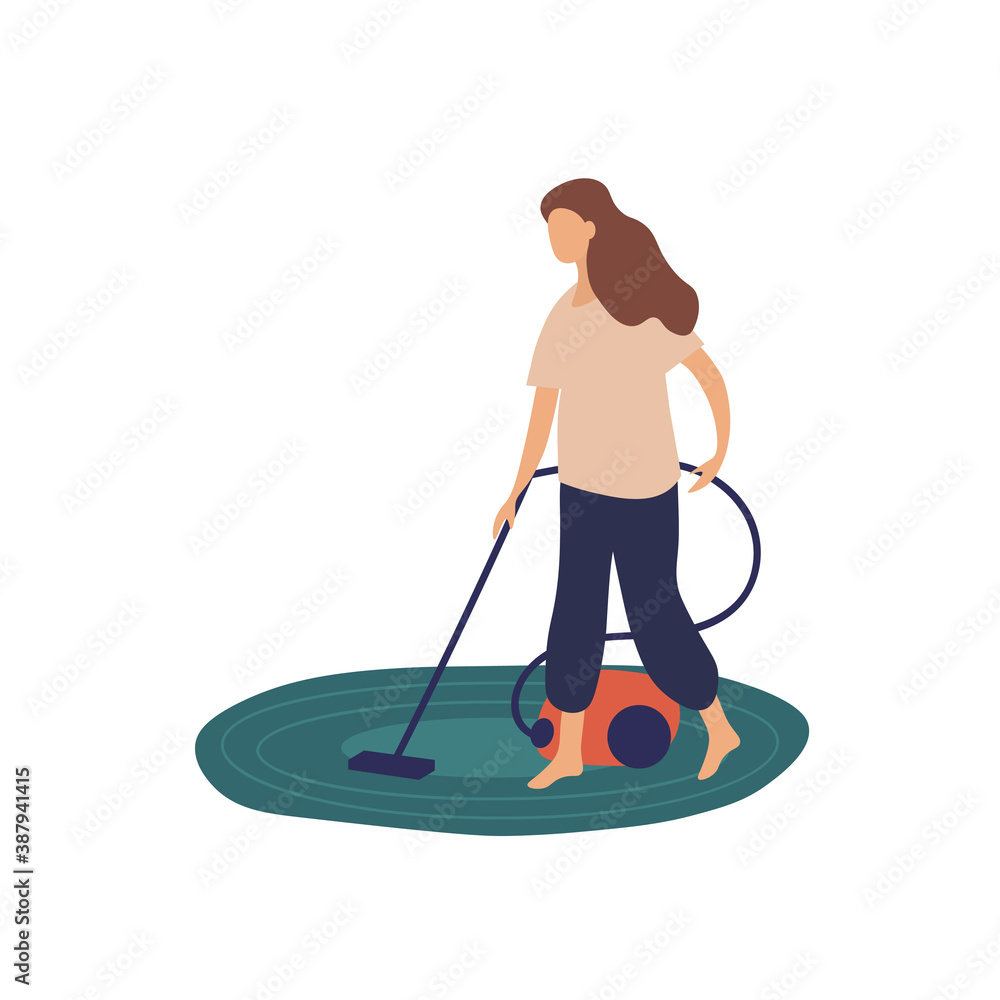 House cleaning concept. A woman vacuuming the carpet and floor with a ...