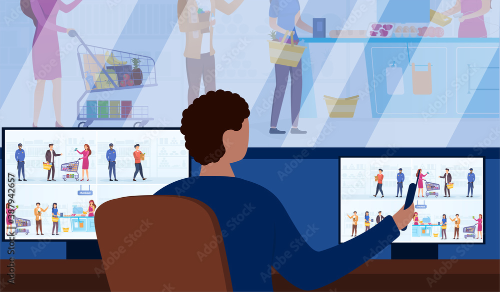 A security officer in a supermarket or shopping center monitoring ...