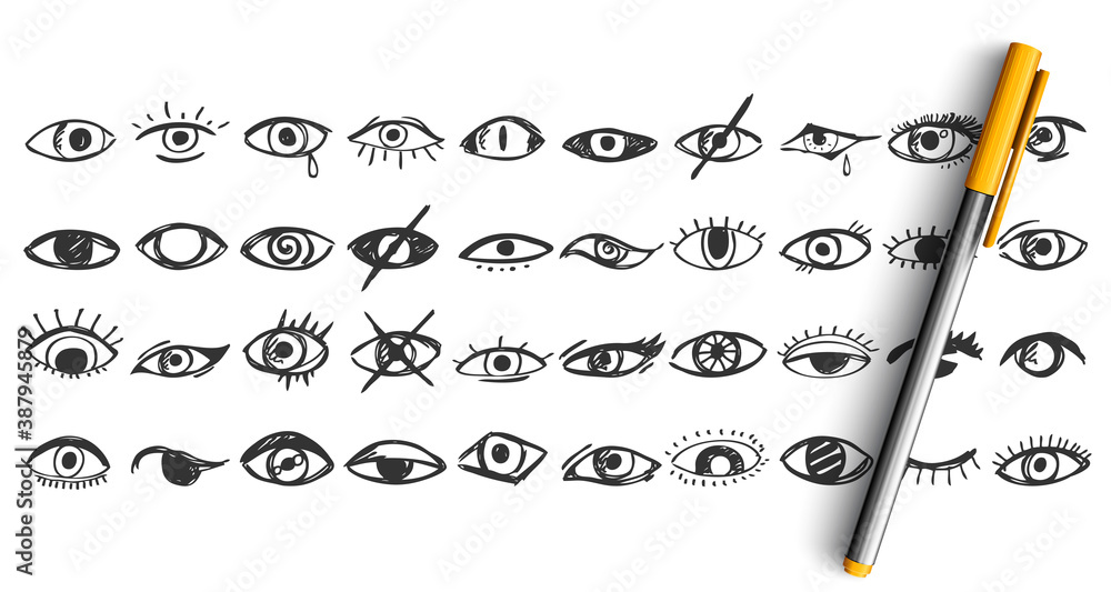 Eyes doodle set. Collection of pencil ink pen hand drawn sketches ...
