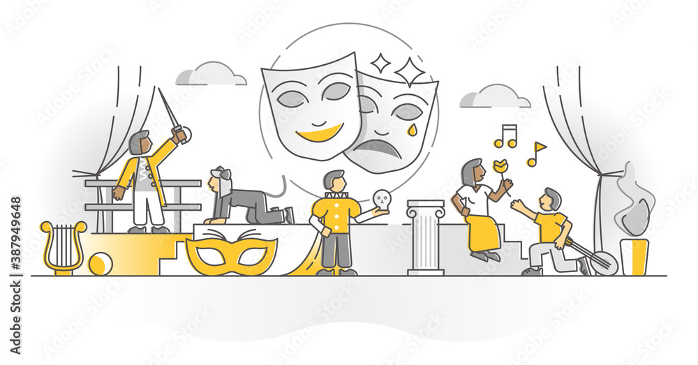 Theater show art form with acting stage actors monocolor outline ...