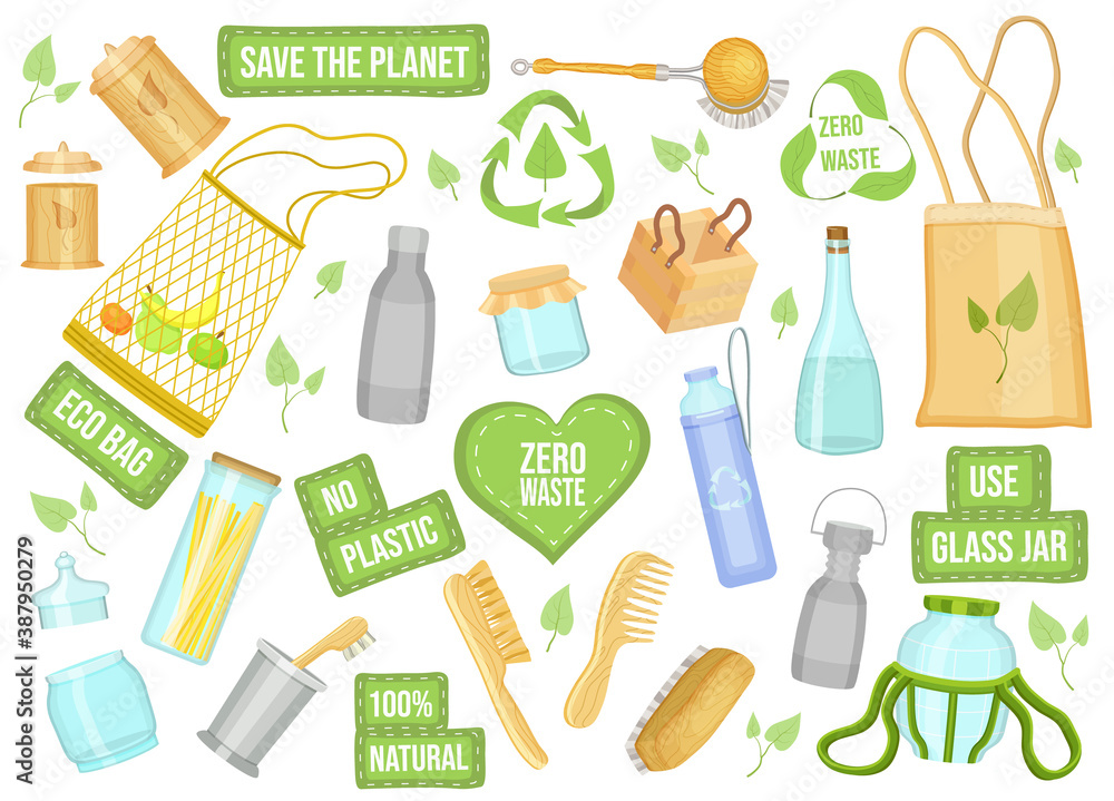 Set of zero waste elements and lettering. Zero waste doodles no plastic ...