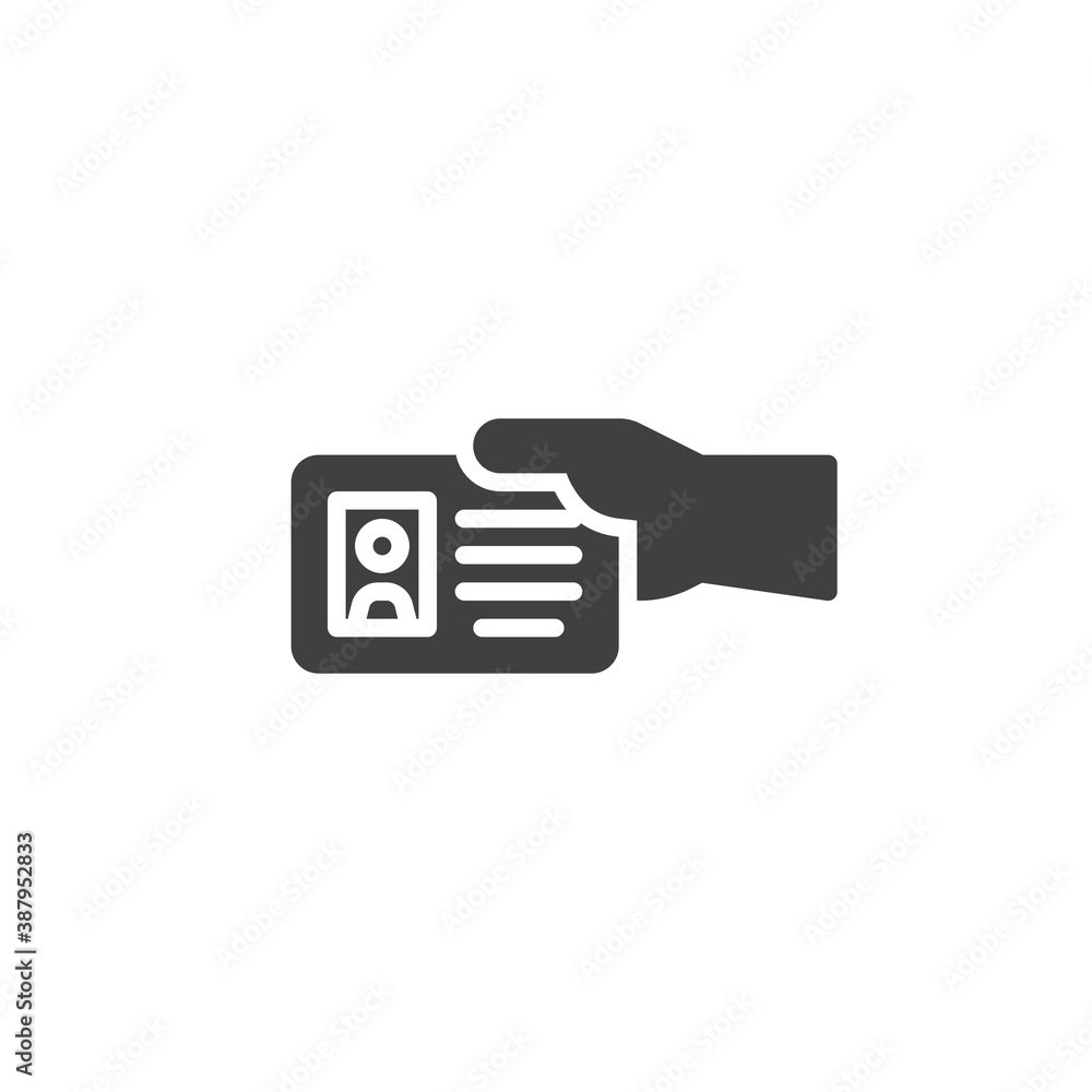 Hand with identification card vector icon. filled flat sign for mobile ...