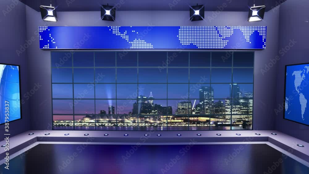 3d virtual news studio. Announcer Table with night city background and ...