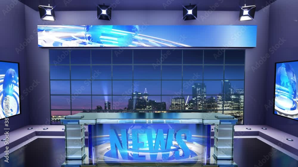 3d virtual news studio. Announcer Table with night city background and ...