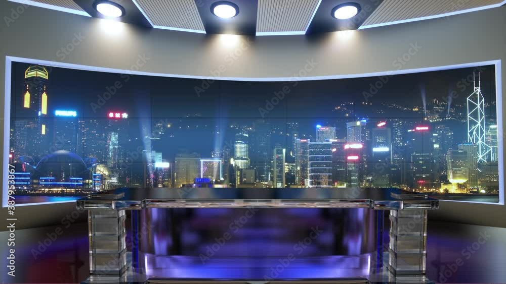 3d virtual news studio. Announcer Table with night city background and ...