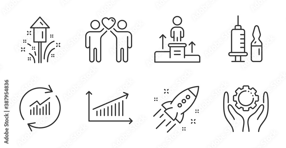 Startup rocket, Medical vaccination and Fireworks line icons set. Chart ...