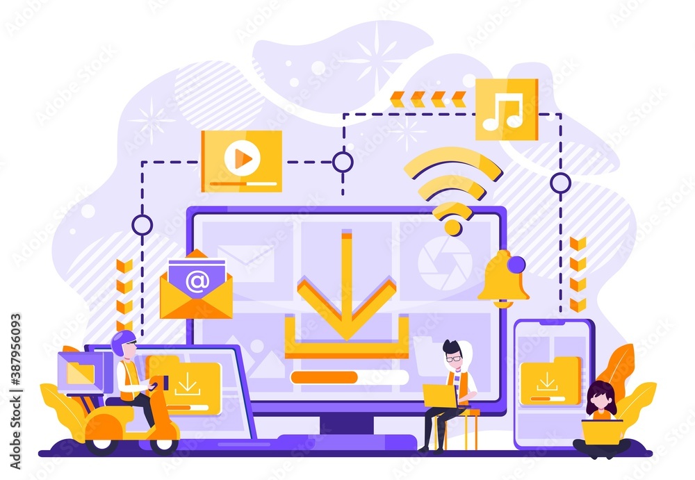 vector illustration of file storage technology, sharing, remote worker ...