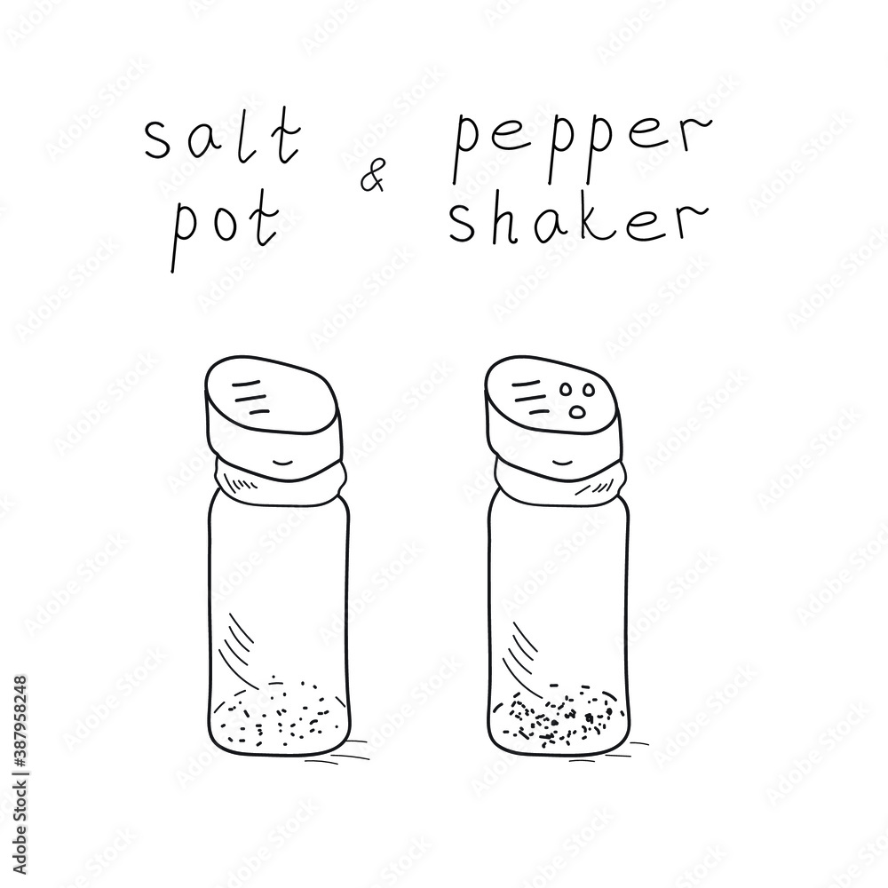 Salt pot and pepper shaker cartoon set. Hand drawn modern classic glass ...