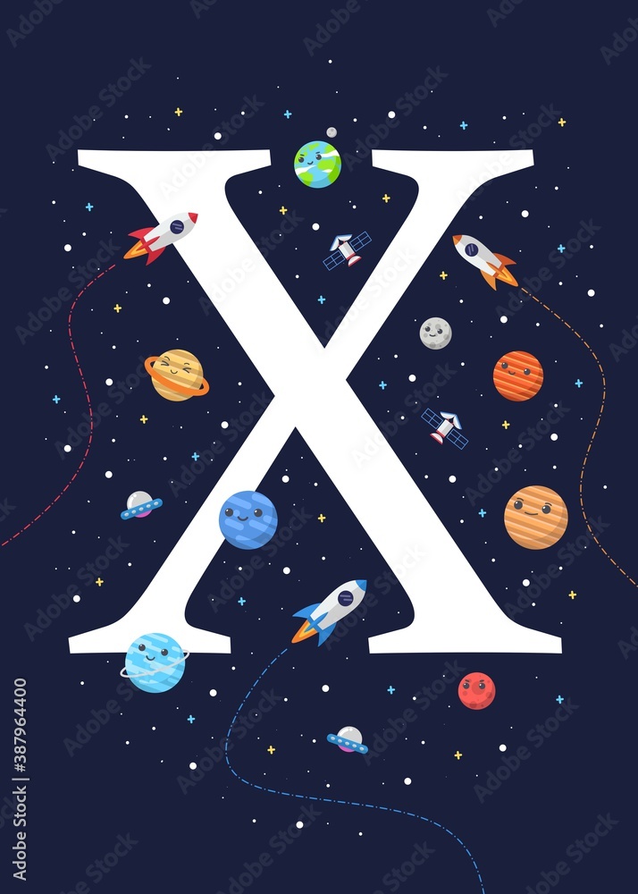 The letter X with the theme of outer space for Children. Letter graphic ...