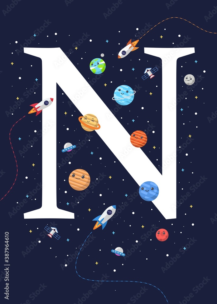 The letter N with the theme of outer space for Children. Letter graphic ...