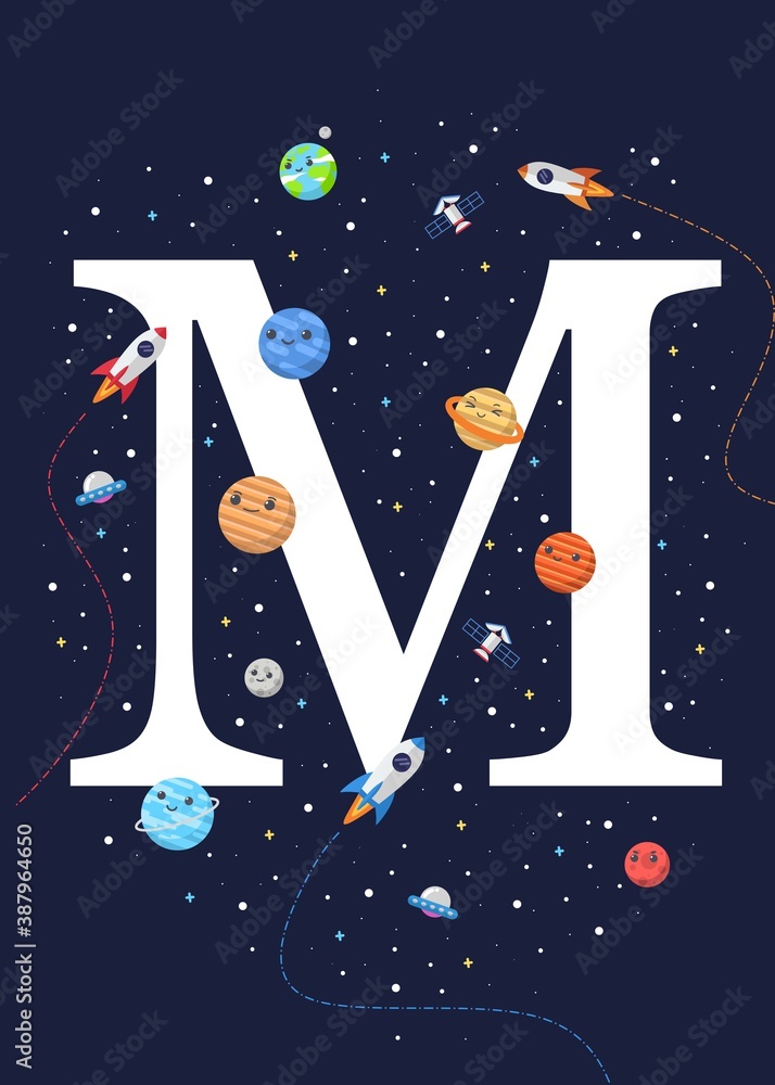 The letter M with the theme of outer space for Children. Letter graphic ...