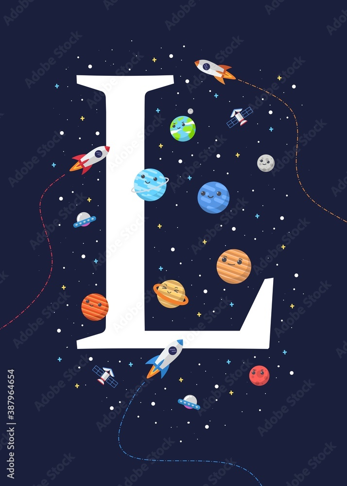 The letter L with the theme of outer space for Children. Letter graphic ...