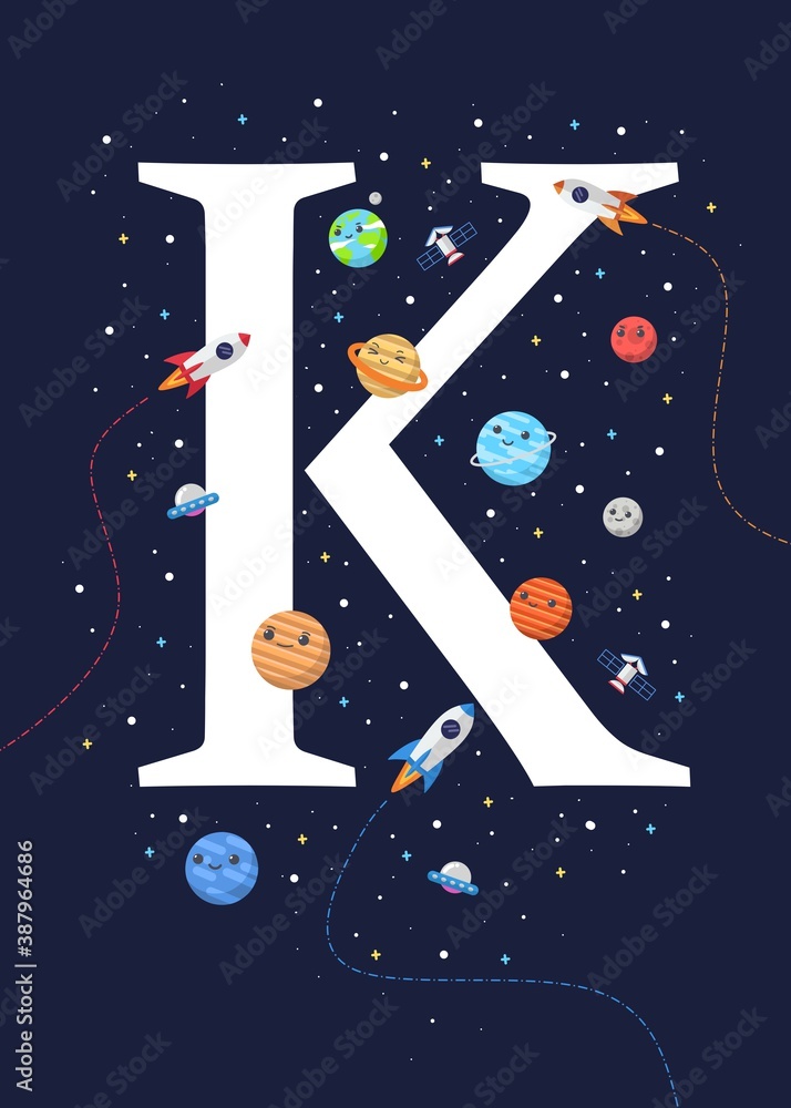The letter K with the theme of outer space for Children. Letter graphic ...