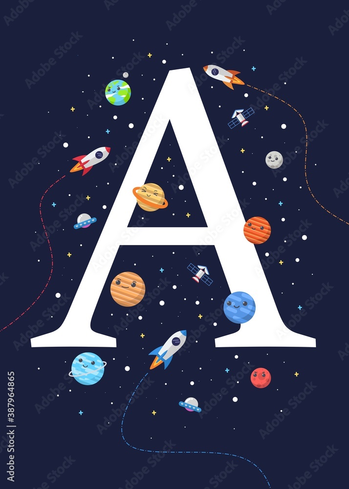 The letter A with the theme of outer space for Children. Letter graphic ...