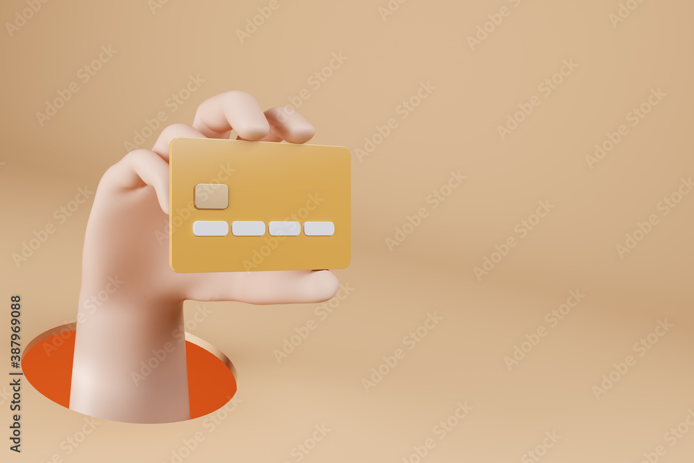 Cartoon hand holding gold credir plastic bank card over yellow ...