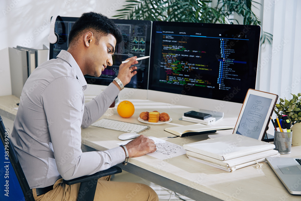 Pensive Indian developer checking structure chart when working on programming code at his desl ...