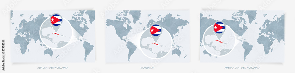 Three versions of the World Map with the enlarged map of Cuba with flag ...