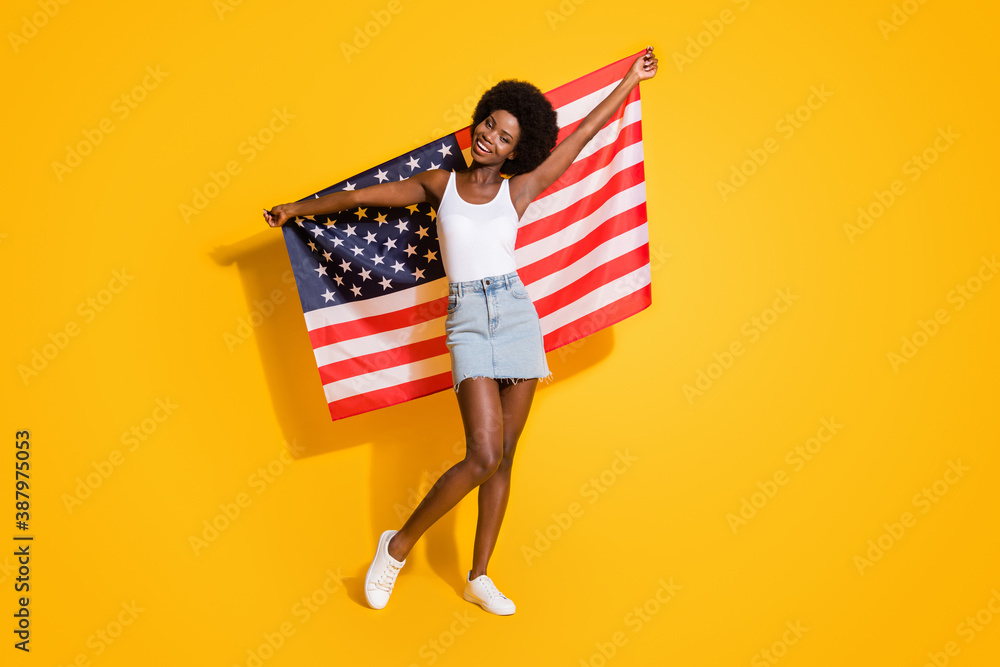 Full length body size view of pretty thin cheerful wavy-haired girl ...