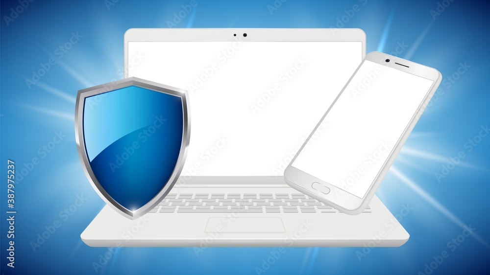 Data protection. Laptop smartphone mockup, white devices and shield ...