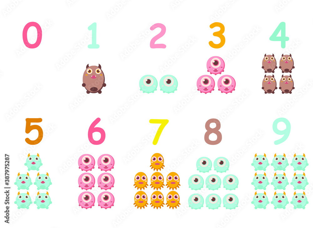 numbers for children with examples (0-9). Kids learning material. Card ...