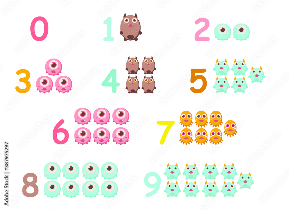 numbers for children with examples (0-9). Kids learning material. Card ...
