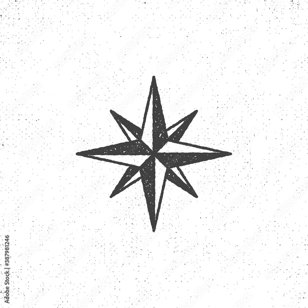 Vintage wind rose symbol or icon in rough silhouette nautical style ...