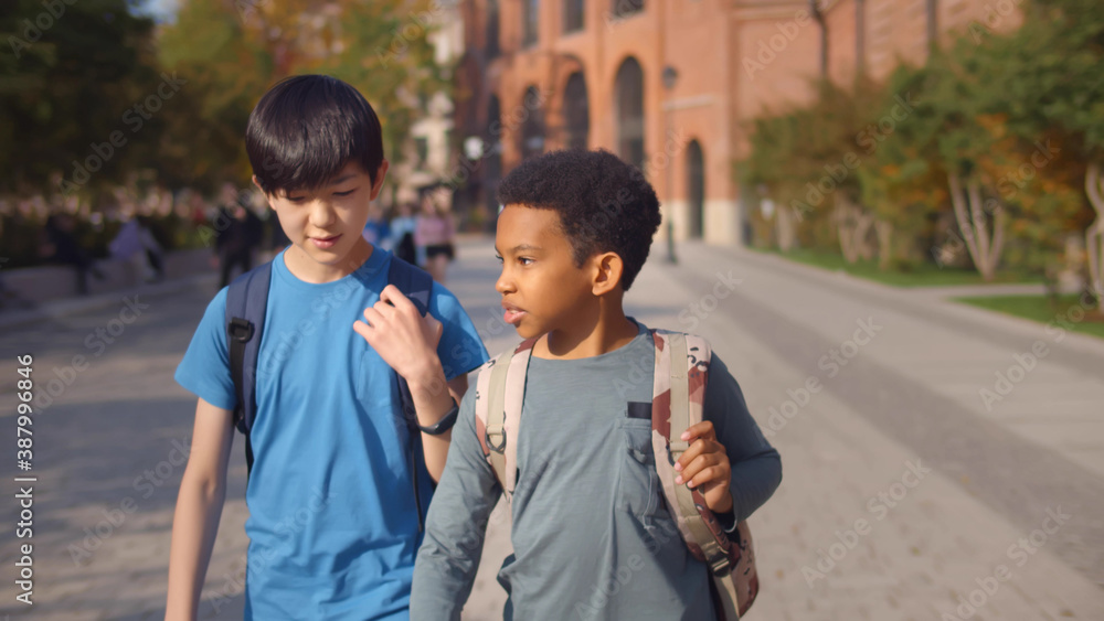 Two diverse school kids walking home together after school and talking ...