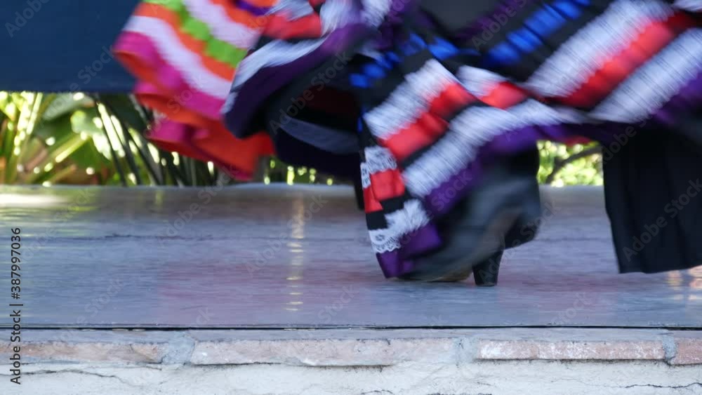 Latino women in colourful traditional dresses dancing Jarabe tapatio, mexican national folk hat ...