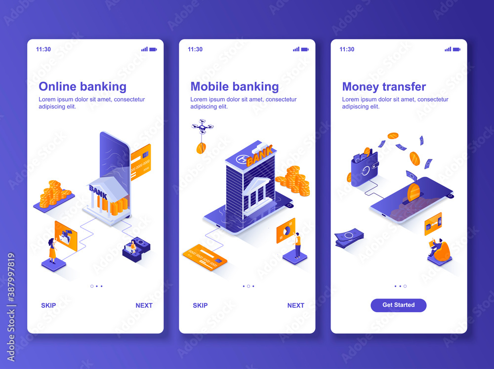 Online banking isometric GUI design kit. Mobile banking service, money management and transfer ...