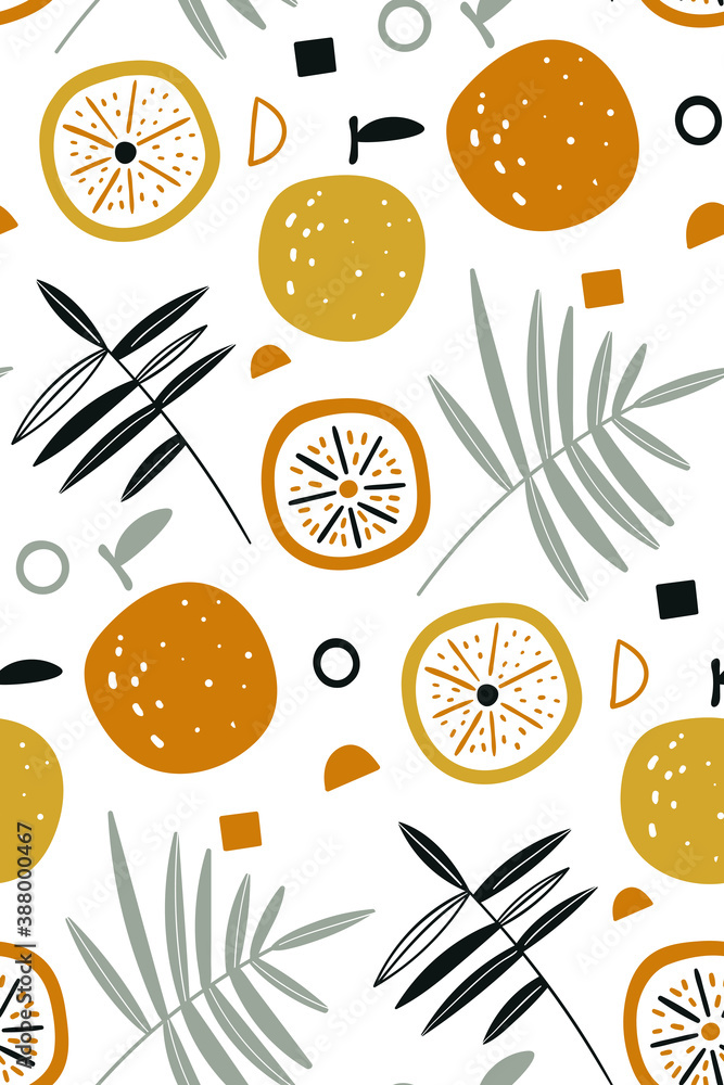 Vector seamless pattern with fresh oranges and leaves. Orange tropical ...