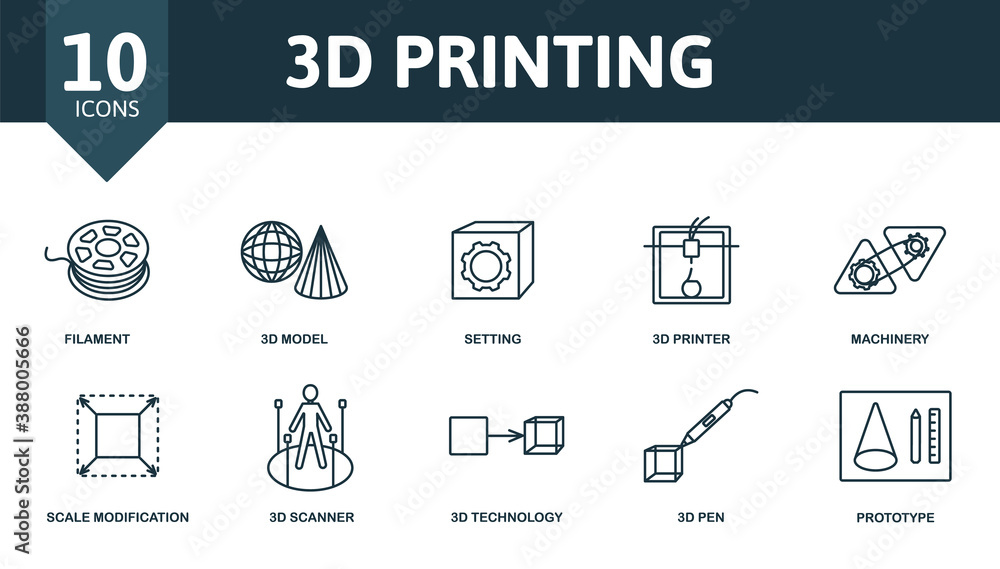 3D Printing icon set. Collection contain filament, model, setting ...