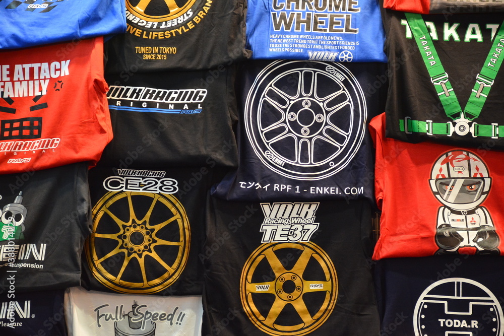 Assorted automotive shirt design display at 25th Trans Sport Show in ...