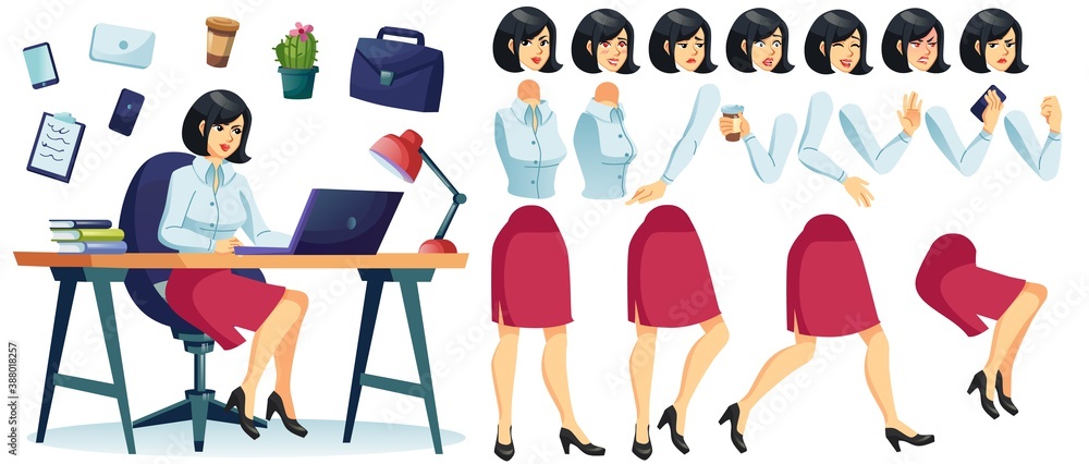 Businesswoman character sitting at desk table working on laptop ...