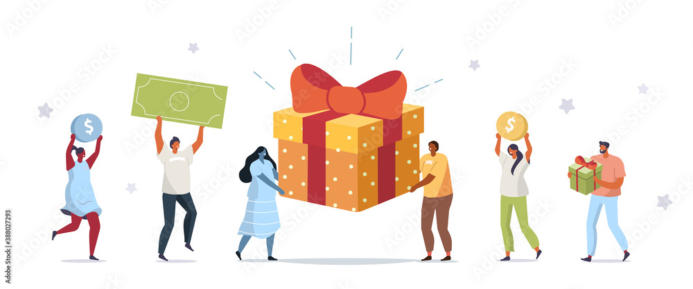 People Characters Receiving Online Reward. Woman and Man Holding Gift ...